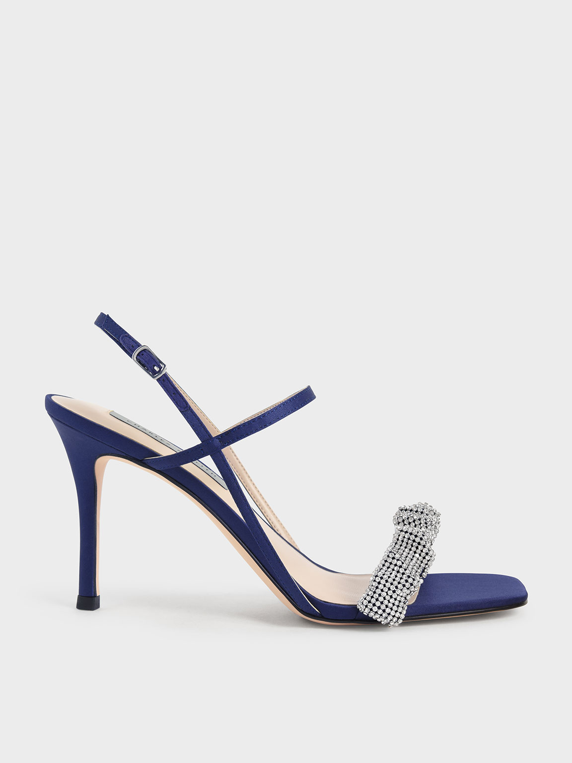 Dark Blue Gem-Embellished Satin Stiletto Sandals - CHARLES & KEITH SA