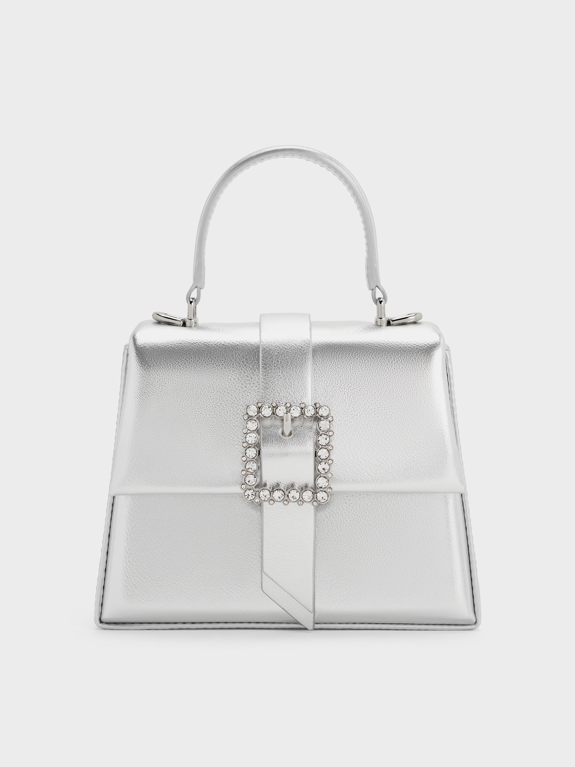 Silver Metallic Crystal-Buckle Belted Top Handle Bag - Silver - Sale ...
