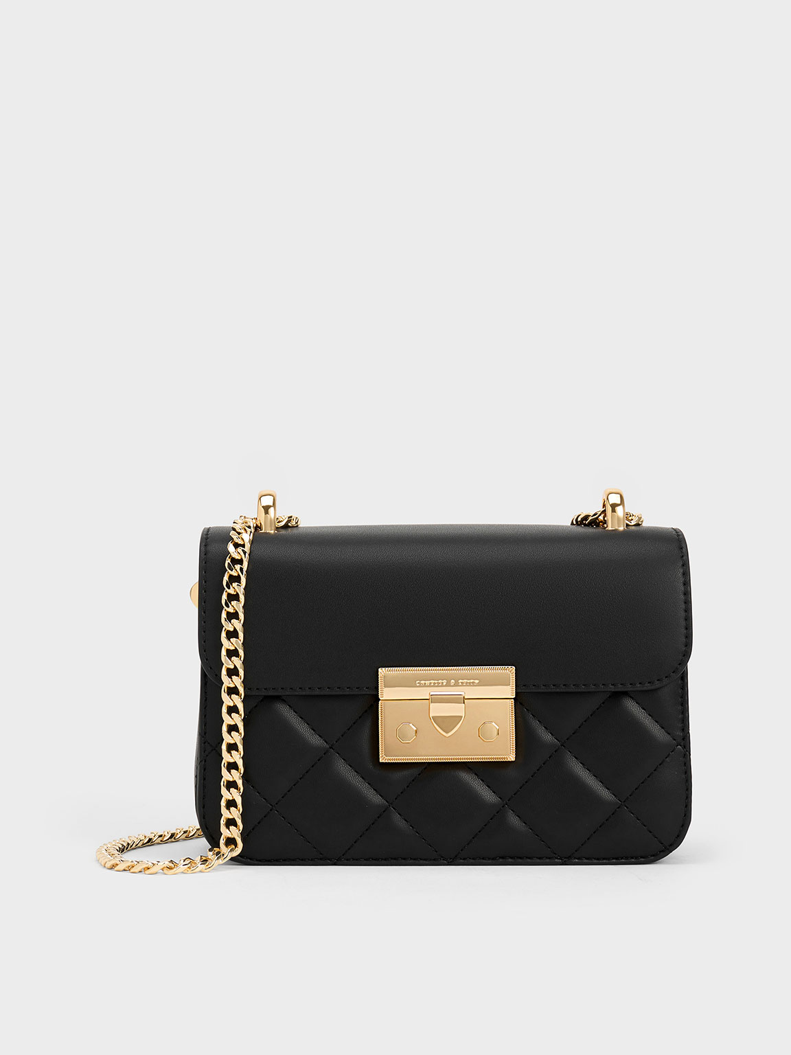 Black Quilted Push-Lock Chain-Handle Bag - CHARLES & KEITH SA