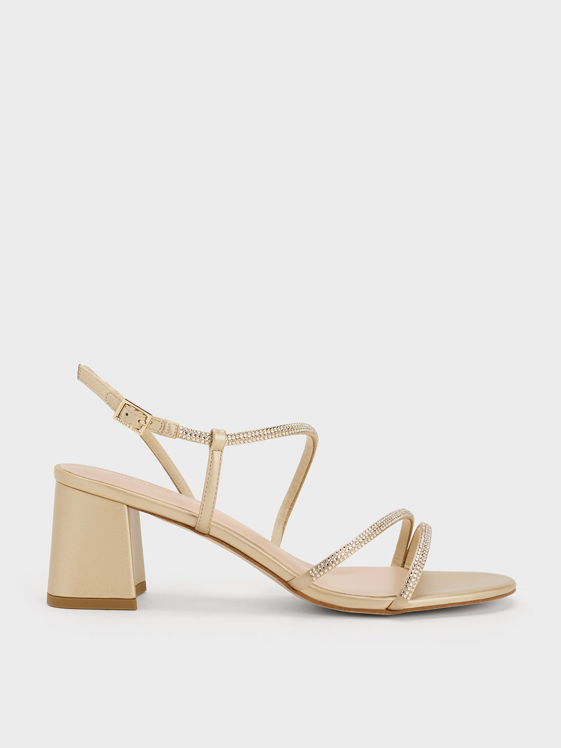 Gold Satin Crystal-Embellished Block-Heel Strappy Sandals - CHARLES ...