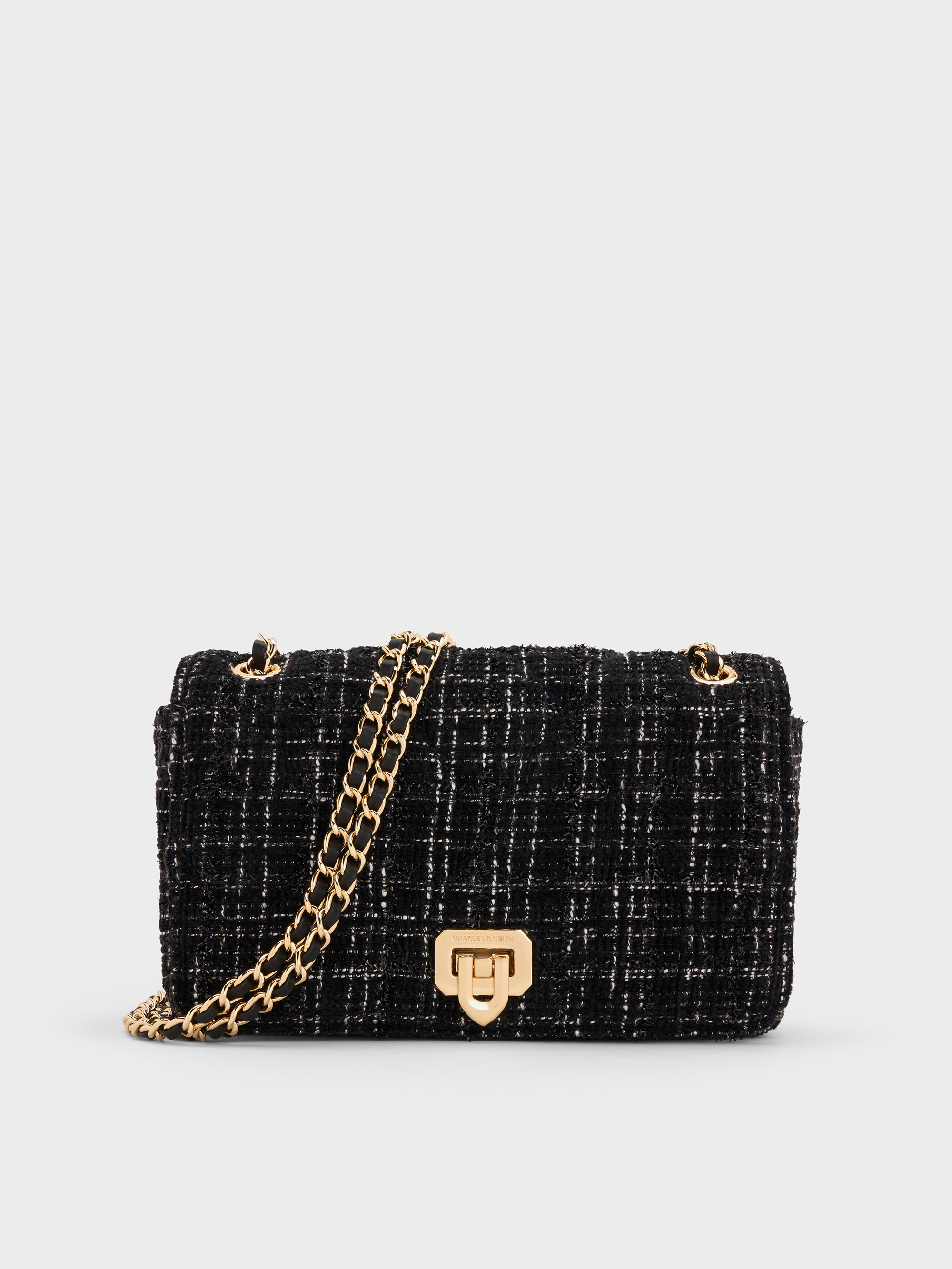 Black Arwen Tweed Diamond-Quilt Braided-Strap Shoulder Bag - Black ...