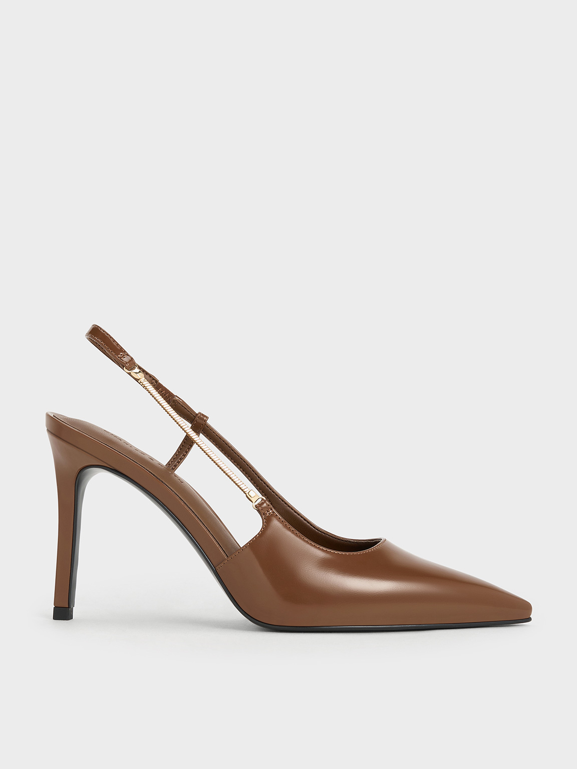 Brown Chain-Strap Pointed-Toe Slingback Pumps - CHARLES & KEITH SA